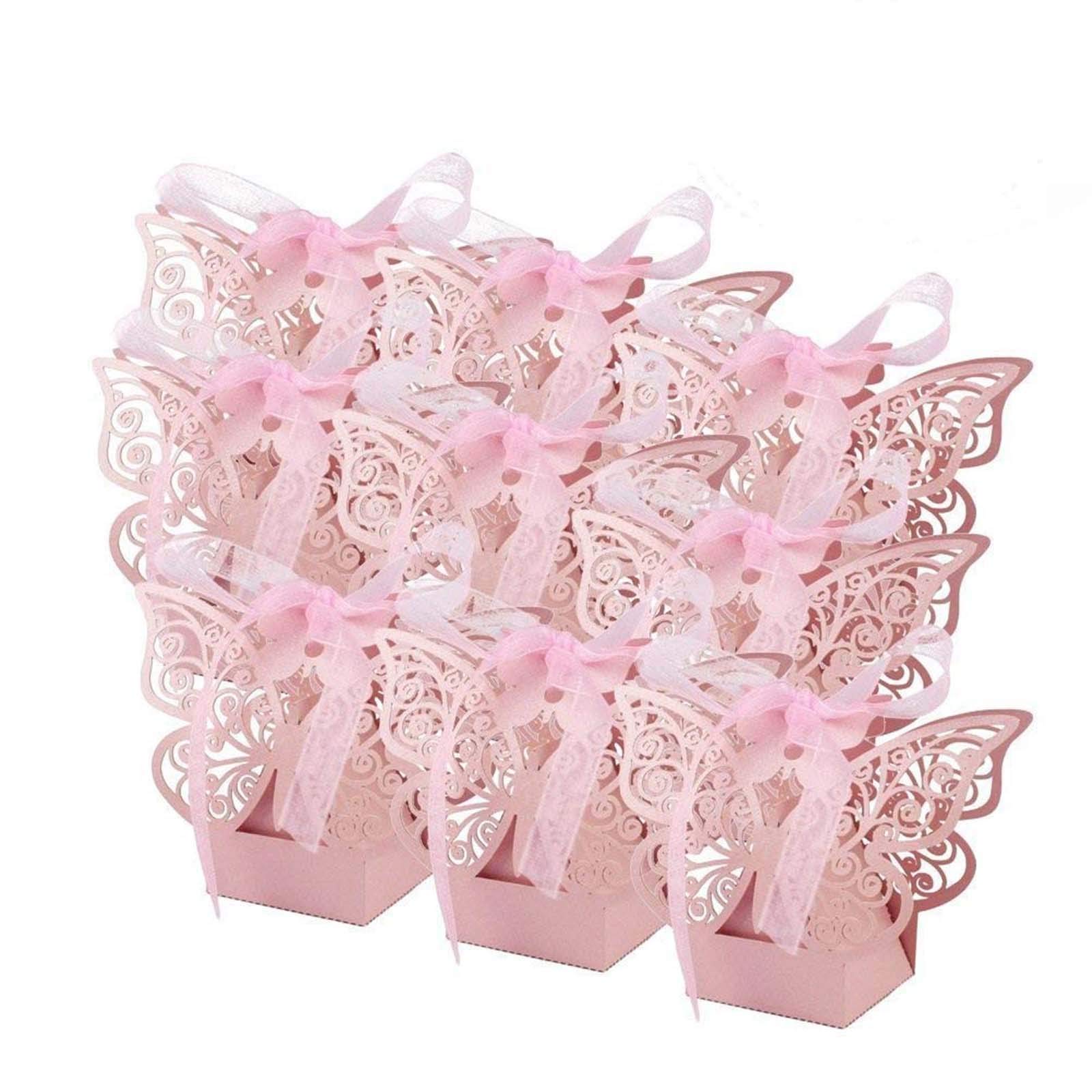 JANOU 24pcs Butterfly Candy Boxes Laser Cut DIY Paper Box with Ribbons for Wedding Bridal Birthday Baby Shower Party Suppliers (Pink)