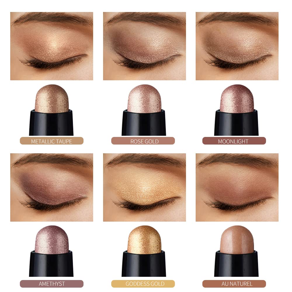 KIMUSE 6 PCS Brown and Neutral Metallic Eyeshadow Stick,Creme to Powder Cream Shimmer Eyeshadow Pencil Crayon,Long Lasting & Waterproof Eyeshadow Stick Eye Sets