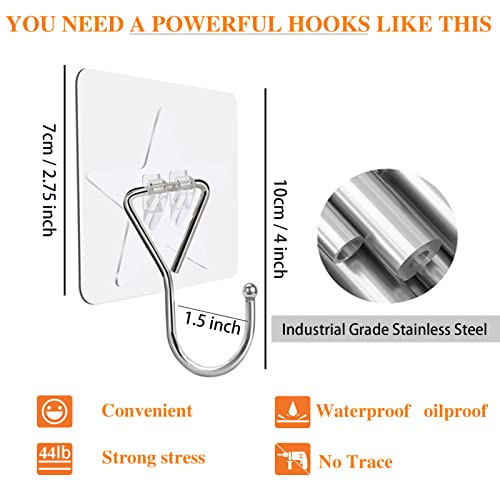 KAKAMINA 20 Pack Large Adhesive Hooks 44Ibs(Max), Large Size Wall Hooks for Hanging Heavy Duty, Transparent Wall Hangers Waterproof and Rustproof for Bathroom,Kitchen Home and Office