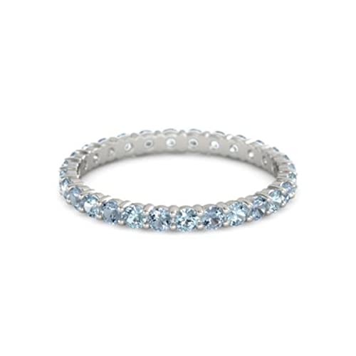 Carillon Aquamarine With Blue Topaz Round 2.50 MM Eternity 925 Sterling Silver Women Stackable Wedding Ring (Sterling Silver, 7.5)
