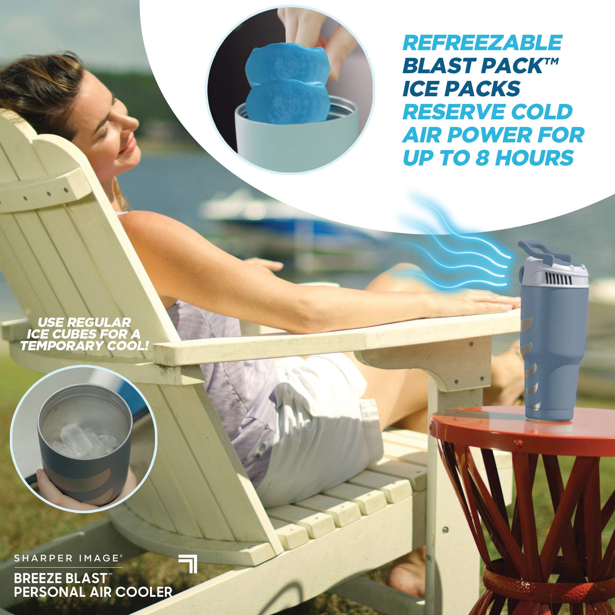 Breeze Blast by Sharper Image Personal Air Cooler, Portable, Rechargeable, Use Indoor/Outdoor, Includes- Unit, 3 Blast Pack Ice Packs- Grey