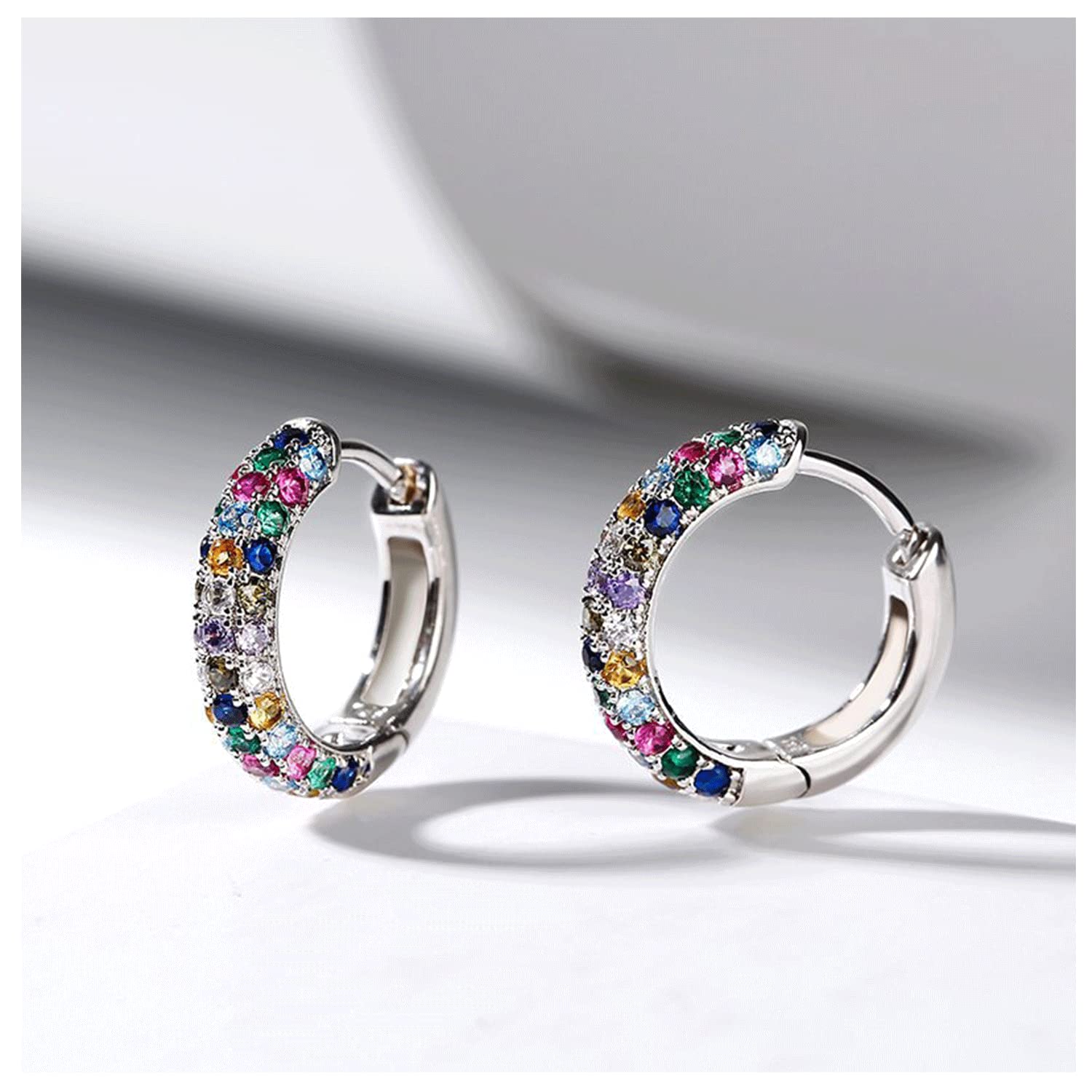 Colorful Zircon Earrings Silver Huggie Hoop Earrings Dainty Stud Earrings CZ Simple Earrings Personalized Gift for Women (Silver)