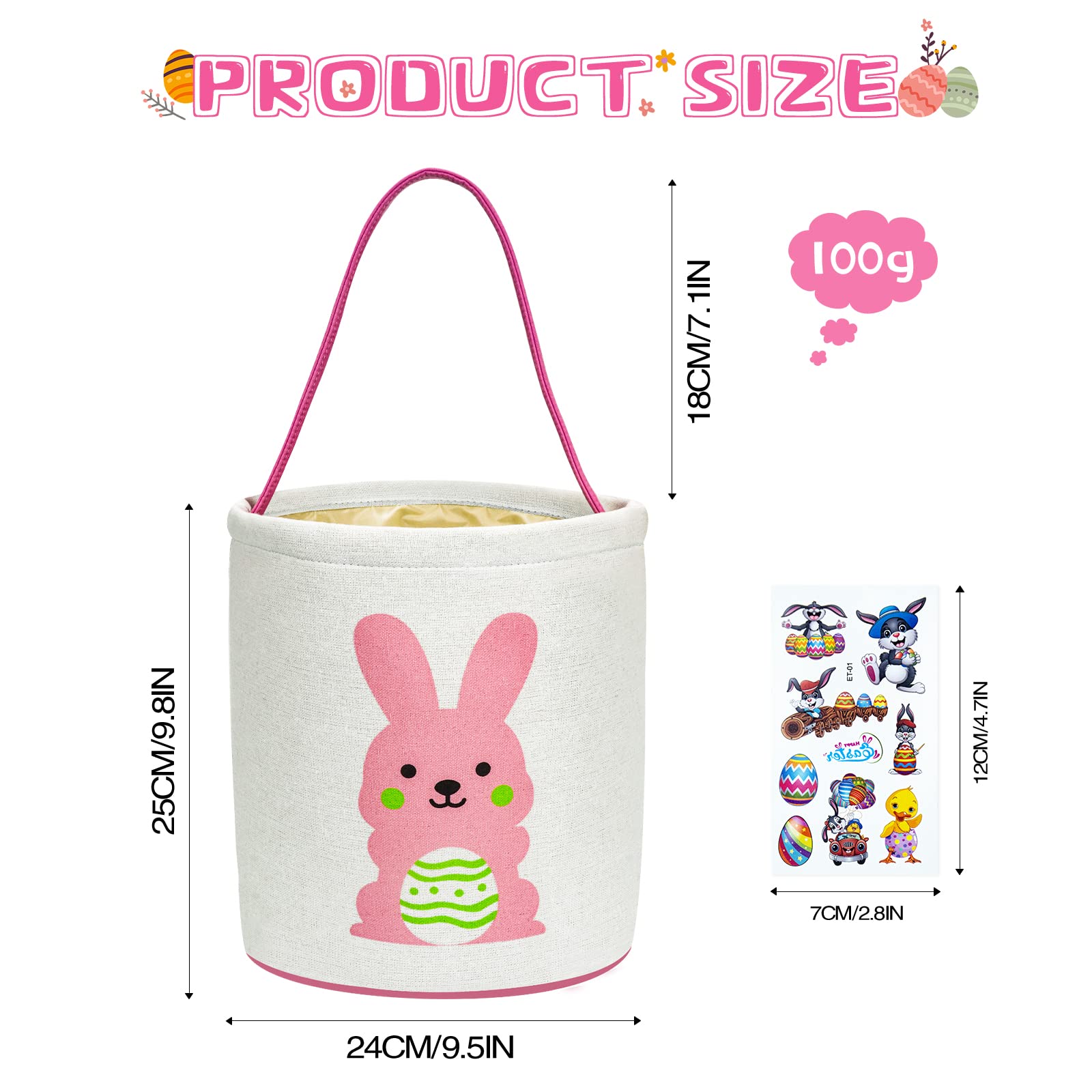 Easter Baskets for Kids, Easter Bunny Canvas Bags with 10Pcs Cute Tattoo Stickers for Easter Egg Toy Hunting, Reusable Candy Gifts Storage Baskets, Easter Decorations Party Supplies