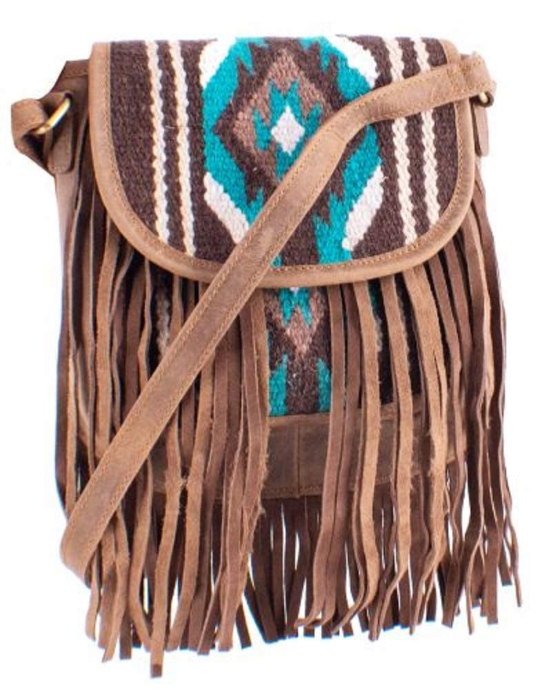 Showman Genuine Leather Teal & Brown Saddle Blanket Crossbody Bag w/Fringe