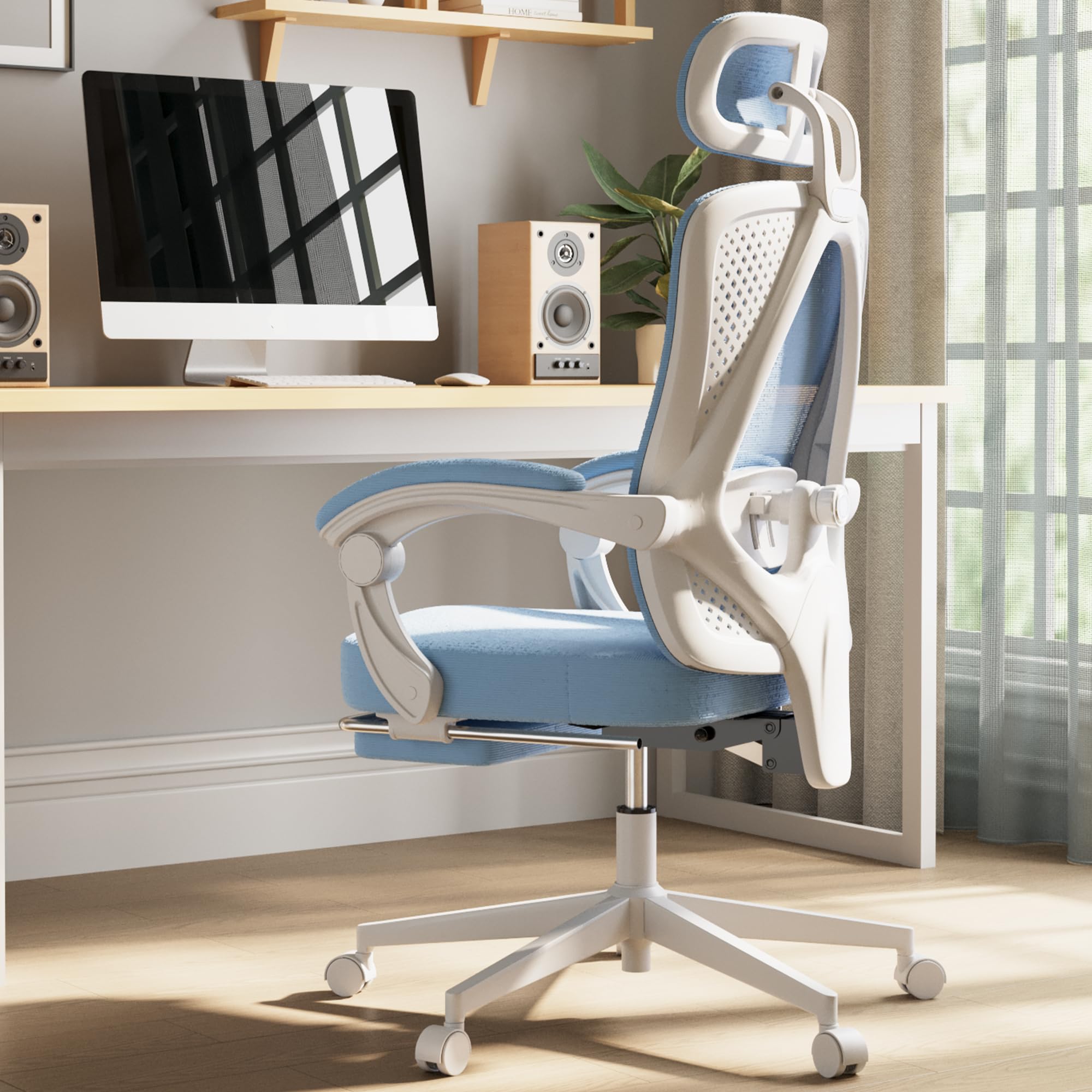Dowinx Ergonomic Office Chair,Breathable Mesh Computer Chair with Pocket Spring Cushion,Comfy Desk Chair with Adjustable Lumbar Support and Headrest,Steel Base Swivel Task Chair with Footrest,Blue