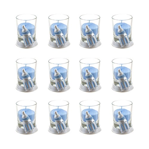 Lunaura Baby Keepsake - Set of 12 "Boy" Baby Bottle Glass Votive Candle Set Favors - Blue
