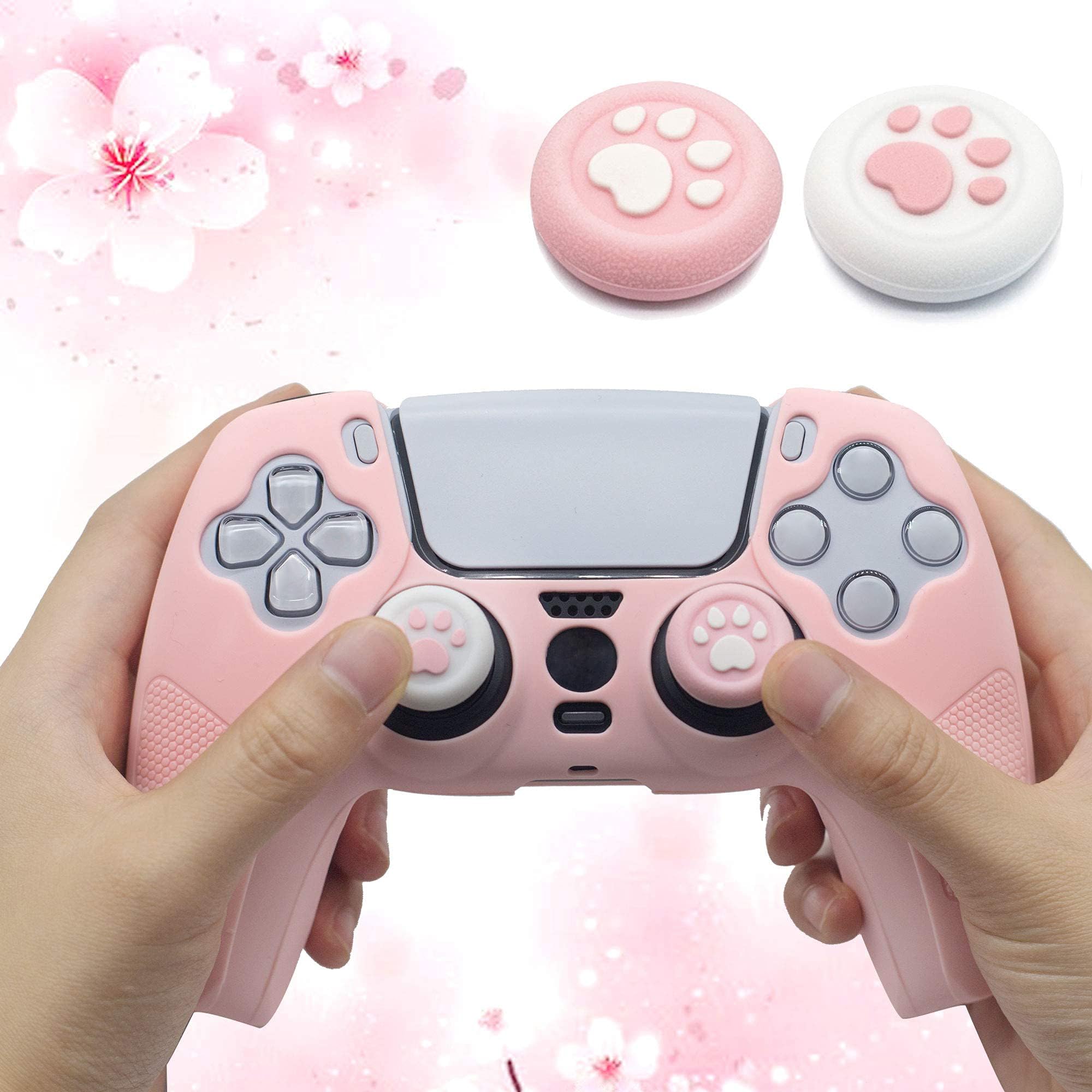 BRHE Skin for PS5 Controller Grip Cover Anti-Slip Silicone Protector Rubber Case Cute Kawaii Accessories Set Gamepad Joystick Shell with 2 Thumb Grip Caps (Full Covered, Pink)