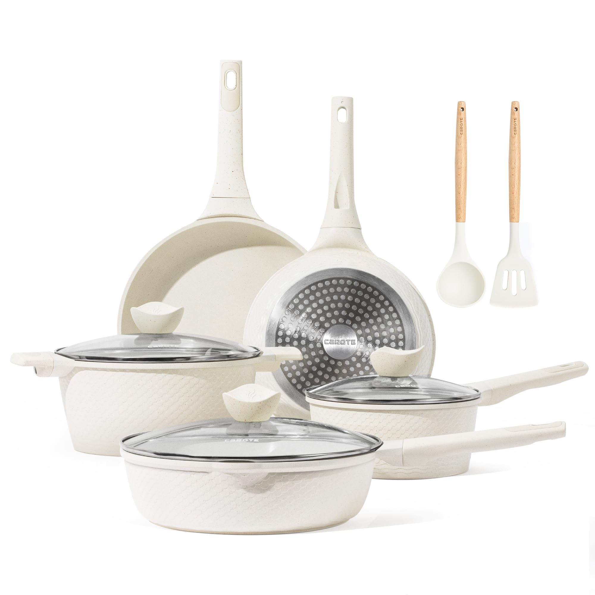 CAROTE Pots and Pans Set, 10 Pcs White Kitchen Induction Cooking Set Non Stick Cookware PFOS, PFOA Free