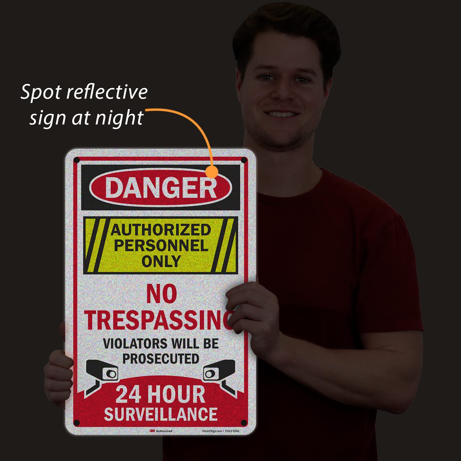 SmartSign 18 x 12 inch “Danger - Authorized Personnel Only, No Trespassing, 24 Hour Surveillance” Metal Sign, 63 mil Aluminum, 3M Laminated Engineer Grade Reflective Material, Multicolor, USA-Made