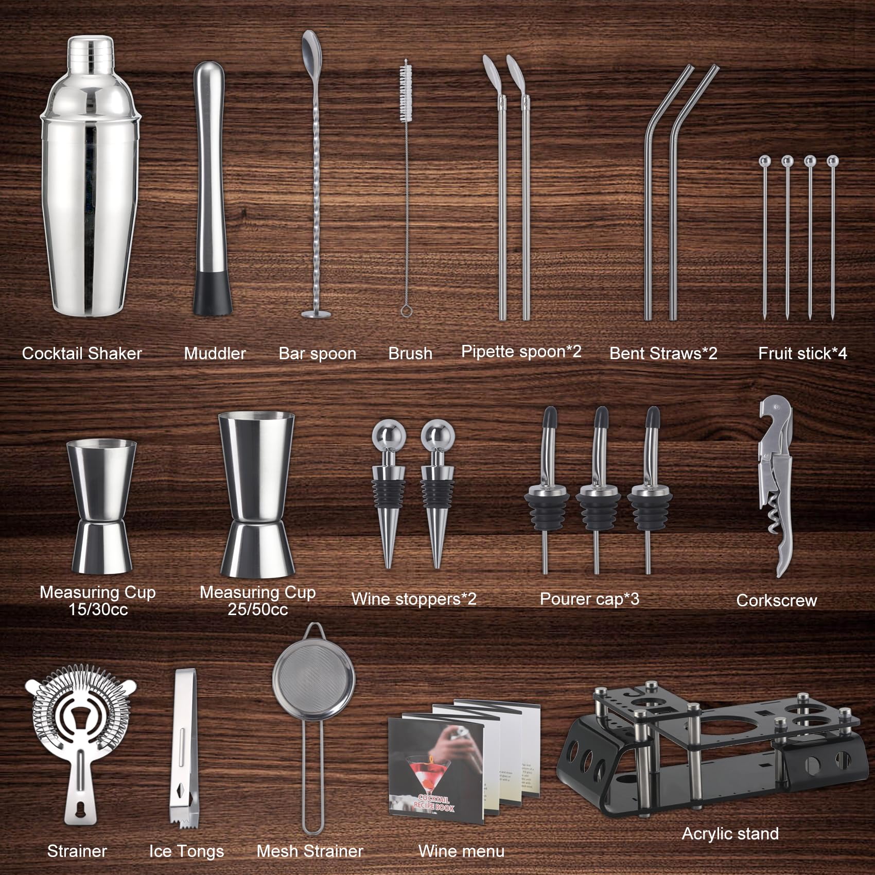 CKductpro 41-Piece Boston Bartender Kit,Cocktail Shaker Stainless Steel Bar Set,360 ° Rotating Display Stand,Strainer,Jigger,Mixing Spoon,Stainless Steel Gift Sets