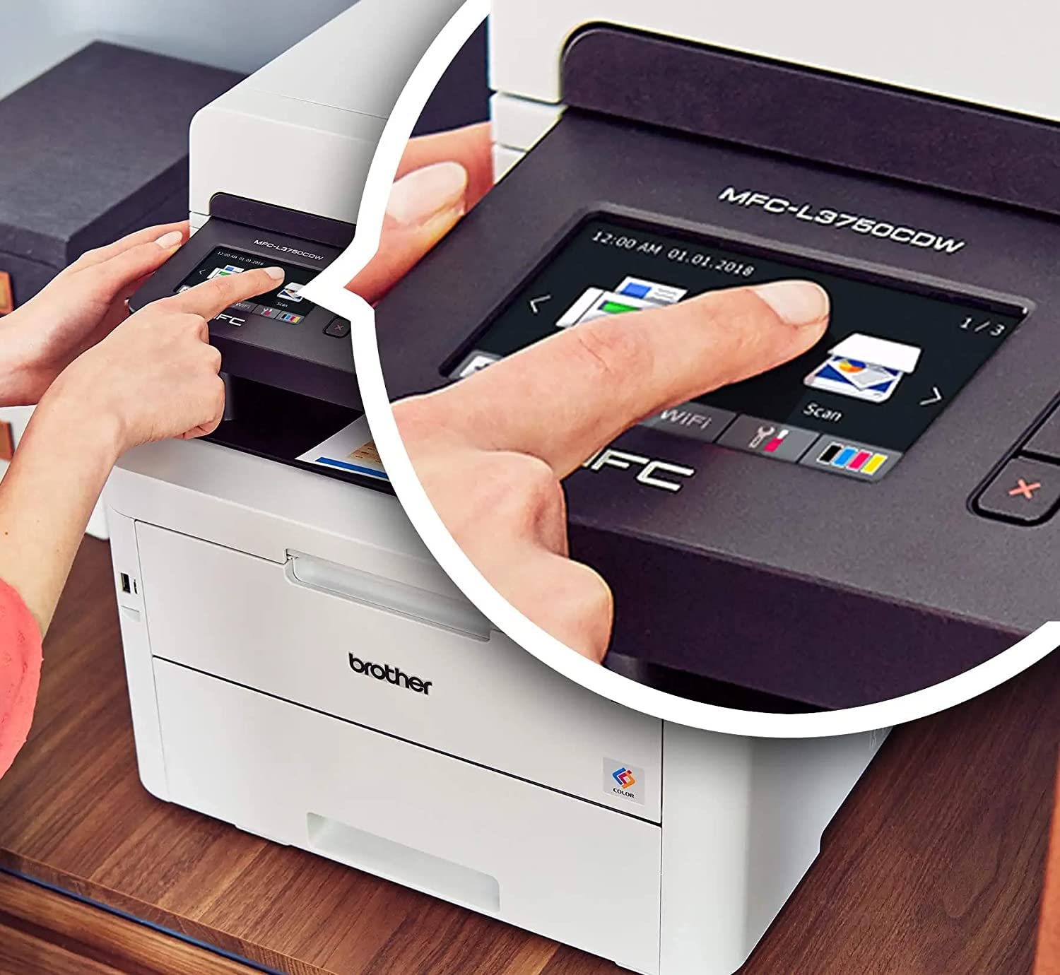 Brother MFC-L3750CDW Color All-in-One Laser Printer, Print Scan Copy Fax, Automatic 2-Sided Printing, 3.7 Inch Color Touchscreen, 600 x 2400 dpi, 50 Sheet ADF, Bundle with JAWFOAL Printer Cable