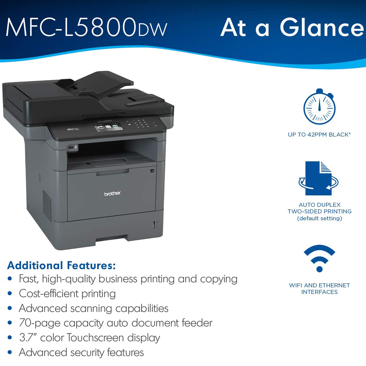 Brother MFC-L5800DWA Wireless All-in-One Monochrome Laser Printer, Grey - Print Copy Scan Fax - 42 ppm, 1200 x 1200 dpi, Auto Duplex Printing, 70-Sheet ADF, 3.7" Touchscreen LCD, Ethernet, Tillsiy