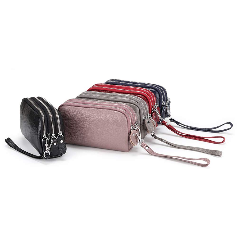 NIGEDU Women Long Wallet Genuine Leather 3-Layer Zipper Purse Bag Phone Bag Money Purses Clutch Wallets with Wrist Strap (Black)