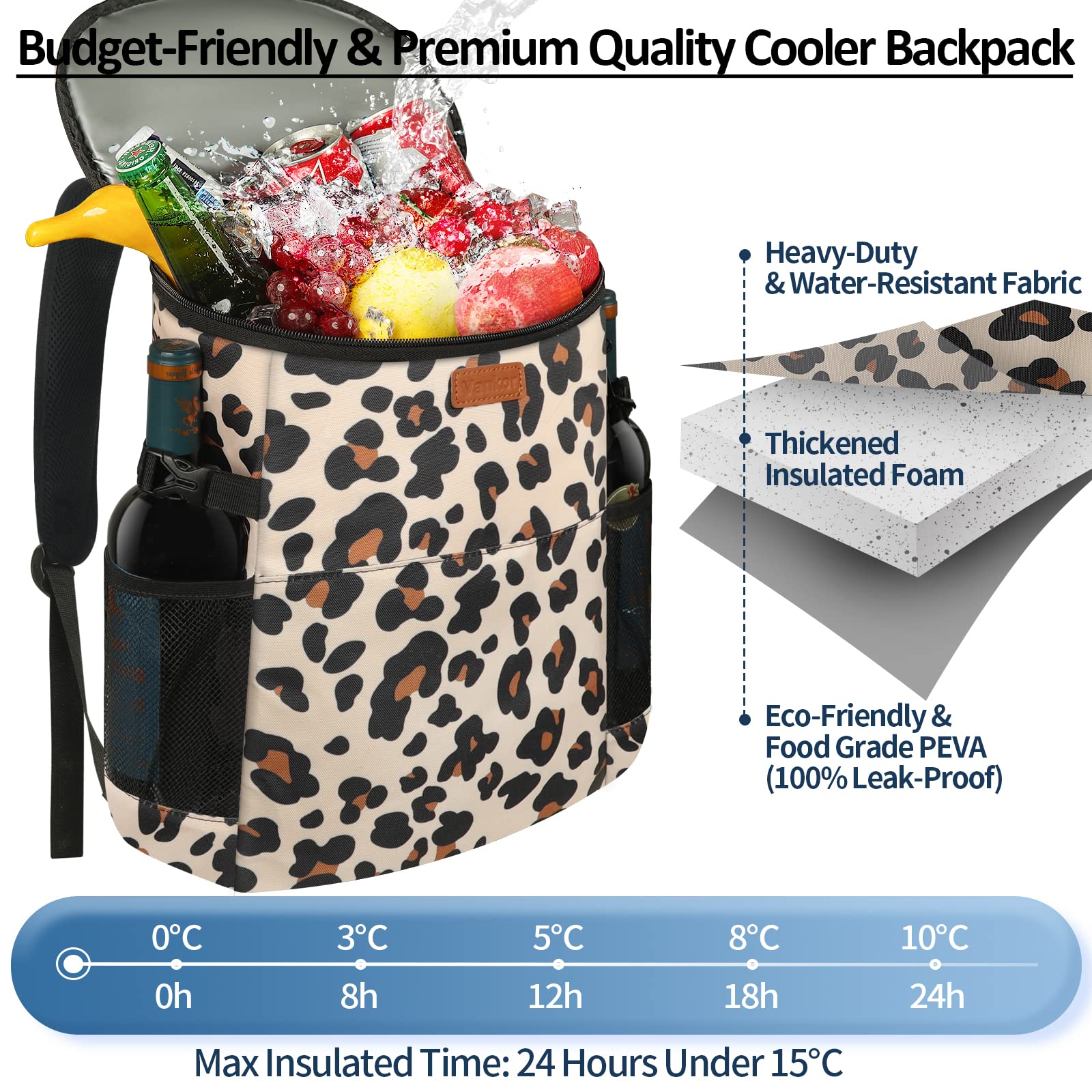 Camping Cooler Backpack 30 Cans, Soft Backpack Coolers Insulated Leak Proof Travel Cooler Bag Waterproof Lunch Picnic Beach Work Trip Thermal Bag Drink Beverage Beer Bag Cooler Leopard Print