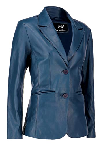 Jild Classic 2-Button Lambskin Leather Blazer Women - Casual Coat Long Sleeves Suit Style Leather Jacket Women (LC-Blue-XL)