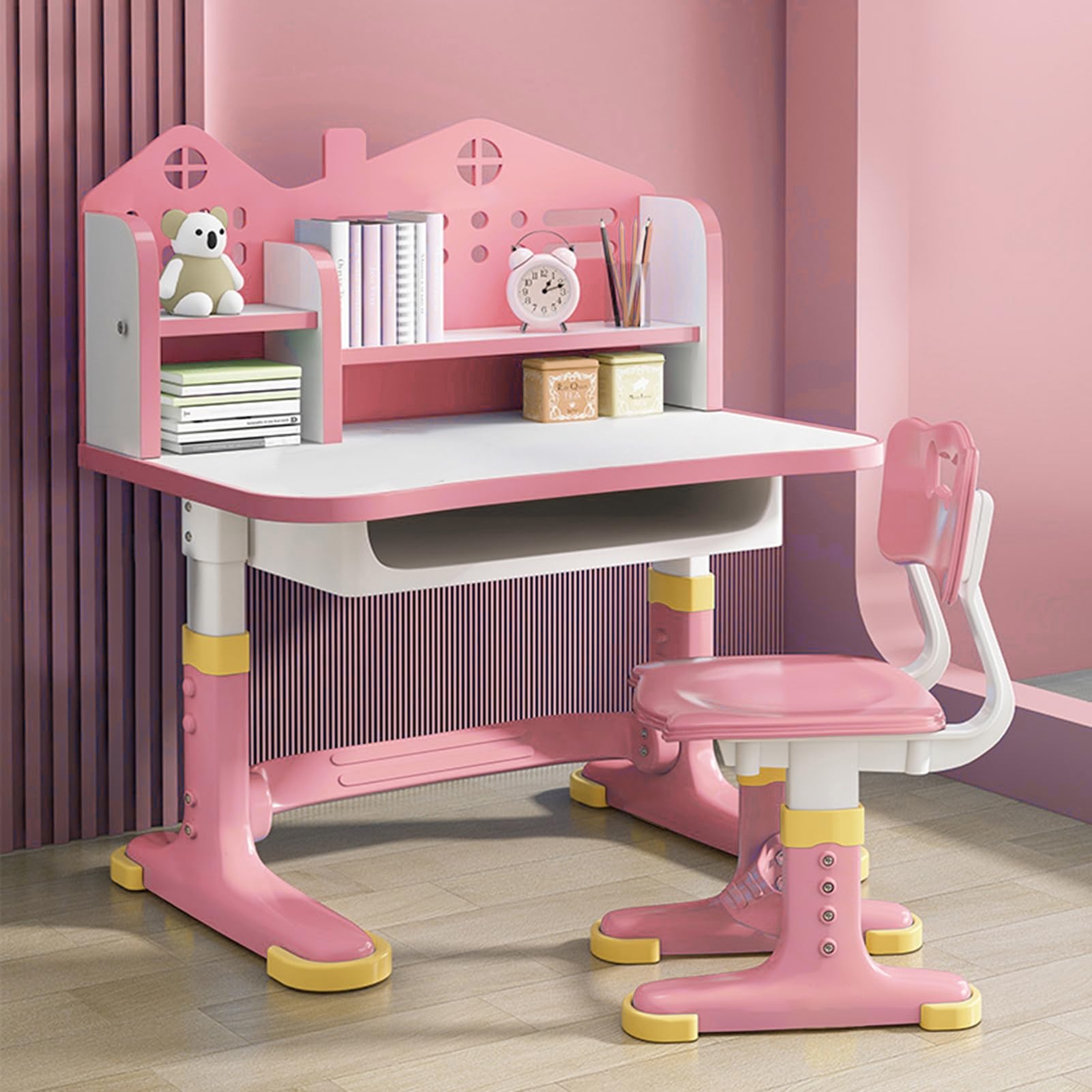 Ehozirta Kids Functional Desk Chair Set,Kids Desk and Chair Set, Height Adjustable Children School Study Desk with Castle Backboard, Widened Desktop, Bookstand and Storage Drawer (Pink)