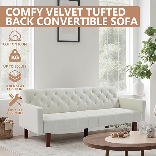 Fangflower Beige Tufted Back Sofa Bed Mid-Century Convertible Sleeper Futon with Tapered Wood Legs for Living Room Apartment Lounge