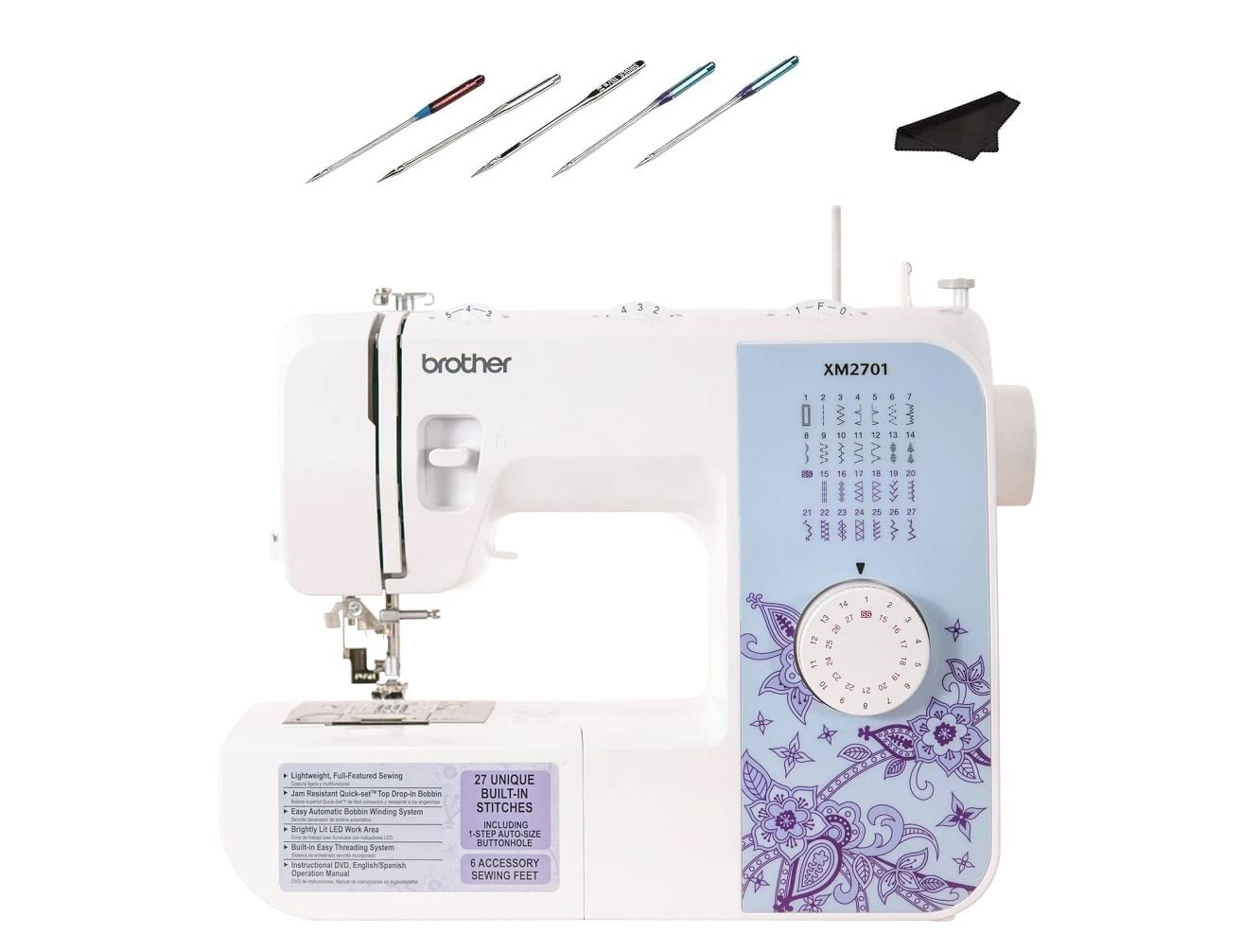 Brother Sewing Machine Bundle XM2701+, 27 Stitch Applications, 63 Stitch Functions, Simple, Portable, Great for Beginners, Top Drop-In Bobbin, 5 heavy duty needles, Kwalicable Cleaning Cloth