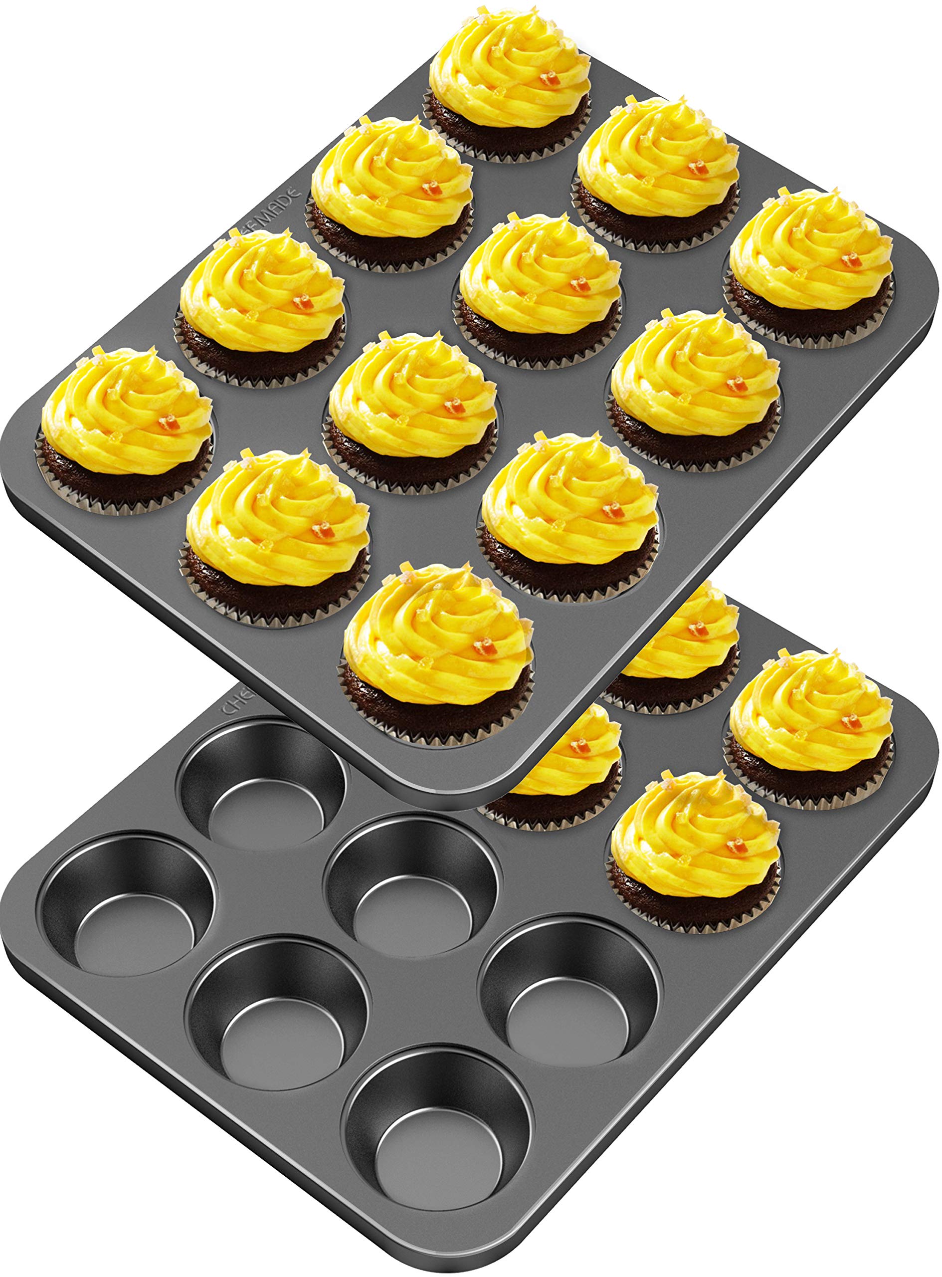 CHEFMADE 12 Cups Muffin Pan Set, 2 Packs Bakeware Non-Stick Cupcake Baking Pan Heavy Duty Carbon Steel Pan Muffin Tins Standard Baking Mold for Cakes