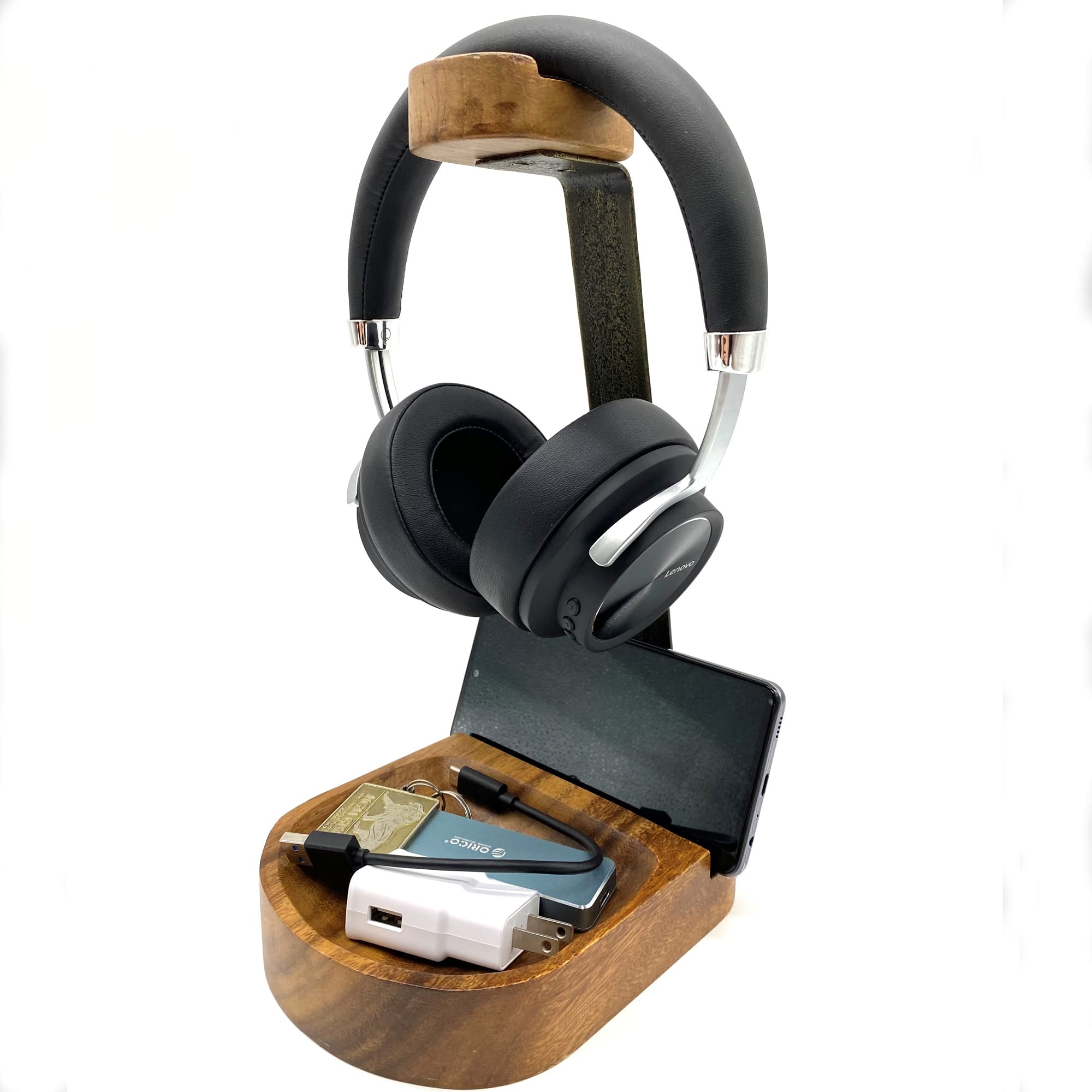 WRIGHTMART Acacia Wood Headphone Stand, Headset Stand with Storage Tray, Heavy Duty Holder for Over-Ear Headphones, Cell Phone, iPhone, Compatible with Bose, Beats, Sony, Sennheiser