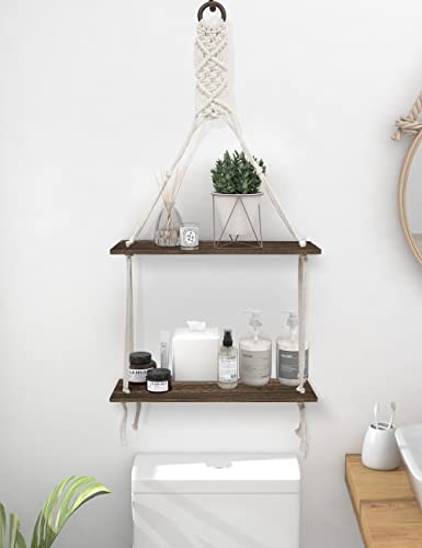 Sonefreiy Rustic Hanging Shelves 2 Tier White Rope Brown Wood Floating Shelf Window Plant Shelves for Bathroom Bedroom Living Room