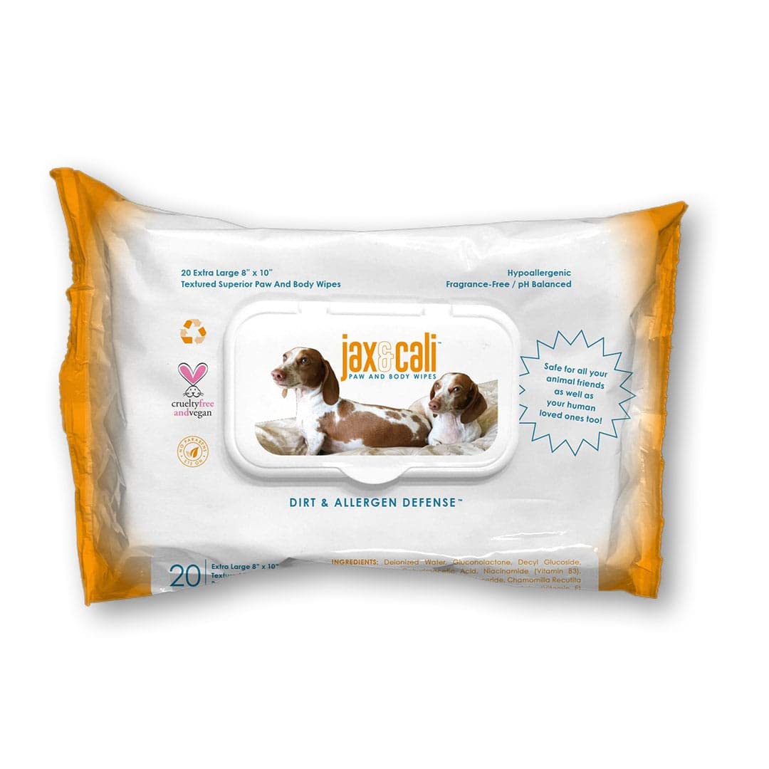 JAX & CALI Pet Wipes, Natural Textured Paw and Body Wipes, Hypoallergenic, pH Balanced, Vitamins B3 & E, Soothing Aloe, No Fragrance, Holistic, Cruelty Free, Dogs & Cats, Extra Large 8"x10", 20 Wipes