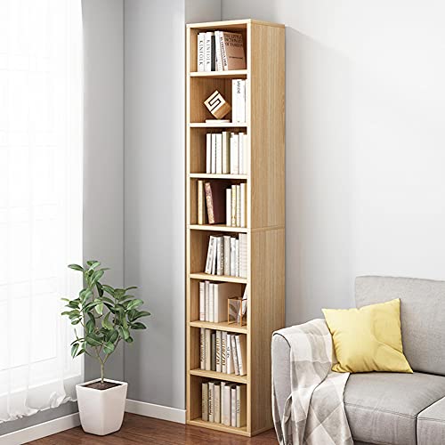 IOTXY Small Narrow Corner Bookcase - 71 Inches Tall Gap Freestanding Storage Cabinet, 8 Lattices Open Shelves Tower Rack, Cubes Bookshelf in Oak