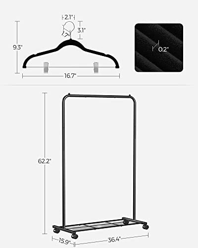 SONGMICS Rolling Clothes Rack and 30-Pack Velvet Hangers Bundle, Garment Rack with Wheels and a Mesh Shelf, Non-Slip Coat Pants Hangers with Adjustable Clips, Black UHSR25BK and UCRF12B30