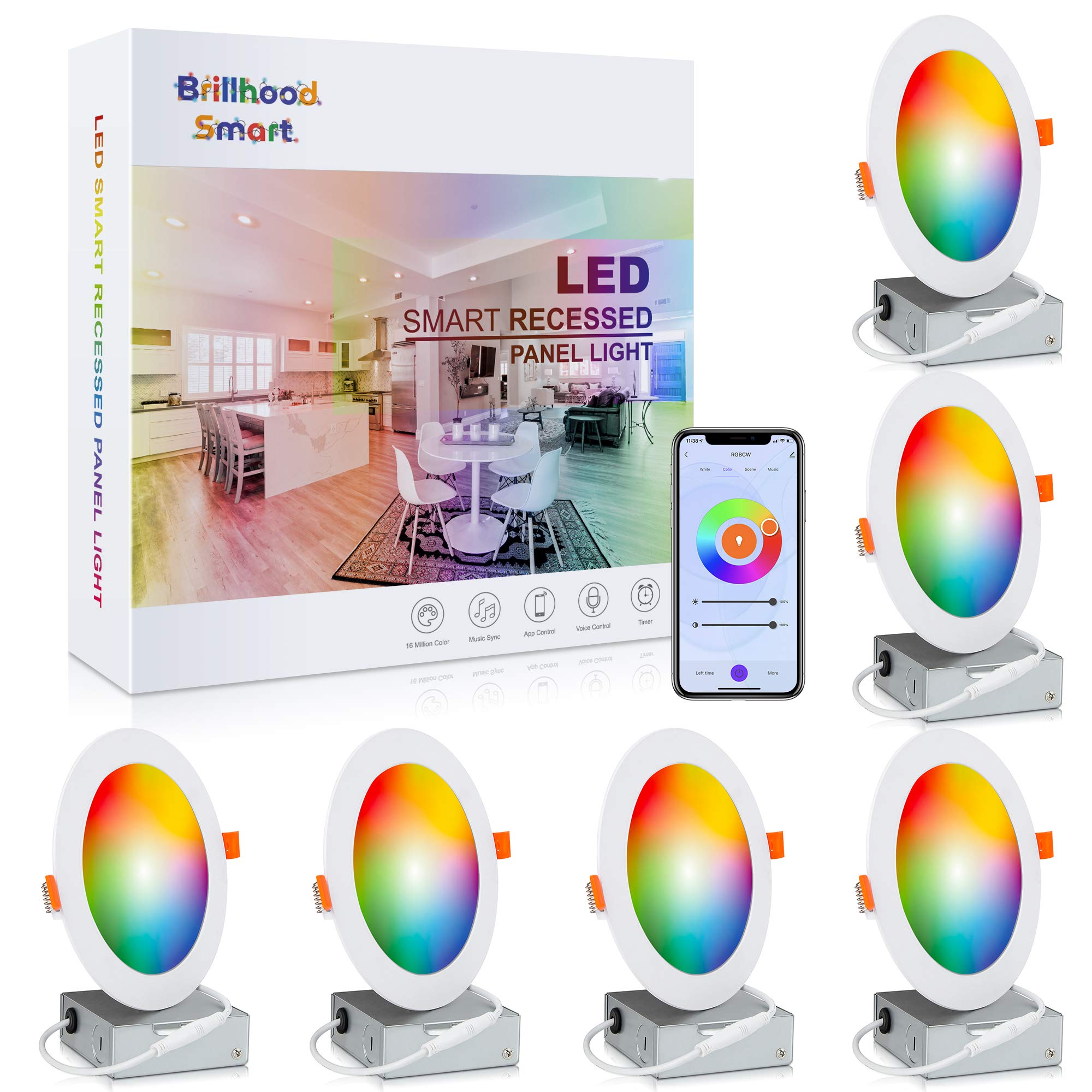 BRILLIHOOD 6 Inch Color Changing Slim LED Recessed Light, Smart WiFi Retrofit Downlights with Junction Box, ETL-Listed, 12W, 1100LM, Dimmable, 2700K-6500K, Works with Alexa & Google Assistant, 6-Pack