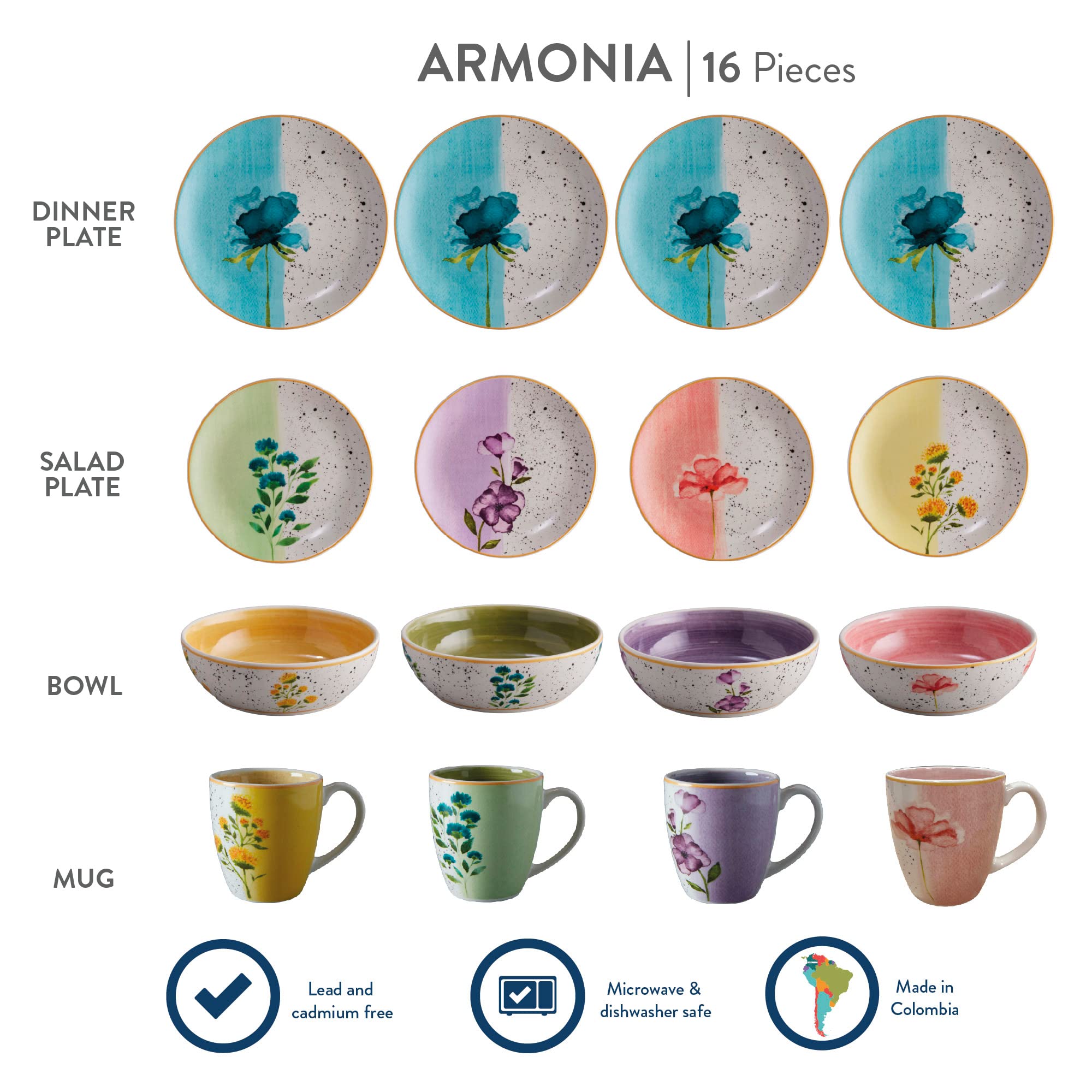 Corona Dinnerware Set 16-pieces Earthenware | Armonia | Hand-Painted | Set de Vajilla 4 puestos | 16 piezas | Ceramica | Artisan Decor