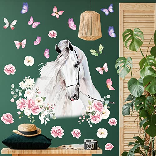 White Horses Wall Decals Farm Animal Decals Peel and Stick Wild Horse Wall Decor Butterfly Flowers Wall Stickers Horses Wall Art Mural for Living Room Kids Bedroom Nursery Farmhouse Office Decor Gift