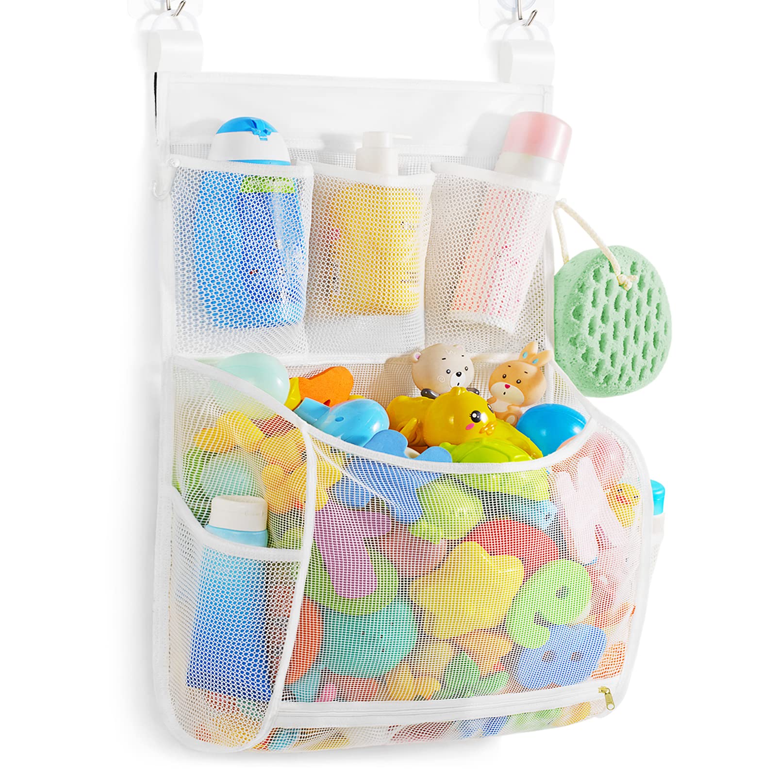 Ligereza Baby Mesh Bath Toy Organizer,Multiple Ways to Hang, Ultra Large Capacity & Large Opening, Bathroom Toy Holder, Bath Toy Storage Bag With 5 Side Pockets (Large White)
