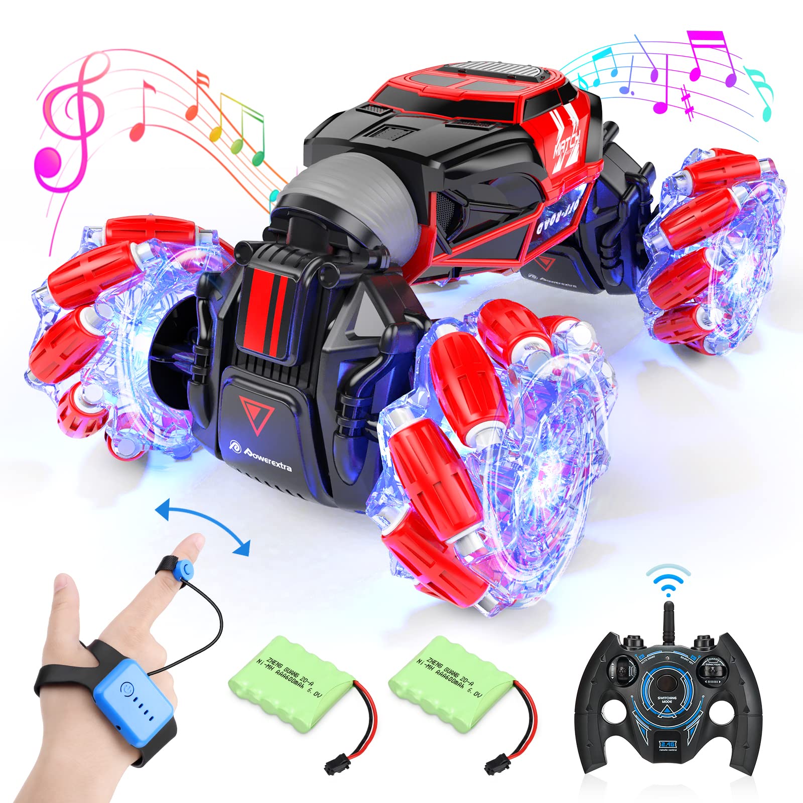 Powerextra Remote Control Car, 4WD Rc Stunt Car with Light & Music, Watch Gesture Sensor Car, Double Sided Rotating Off Road 360° Flips, Toy Car for Boys & Girls - Red