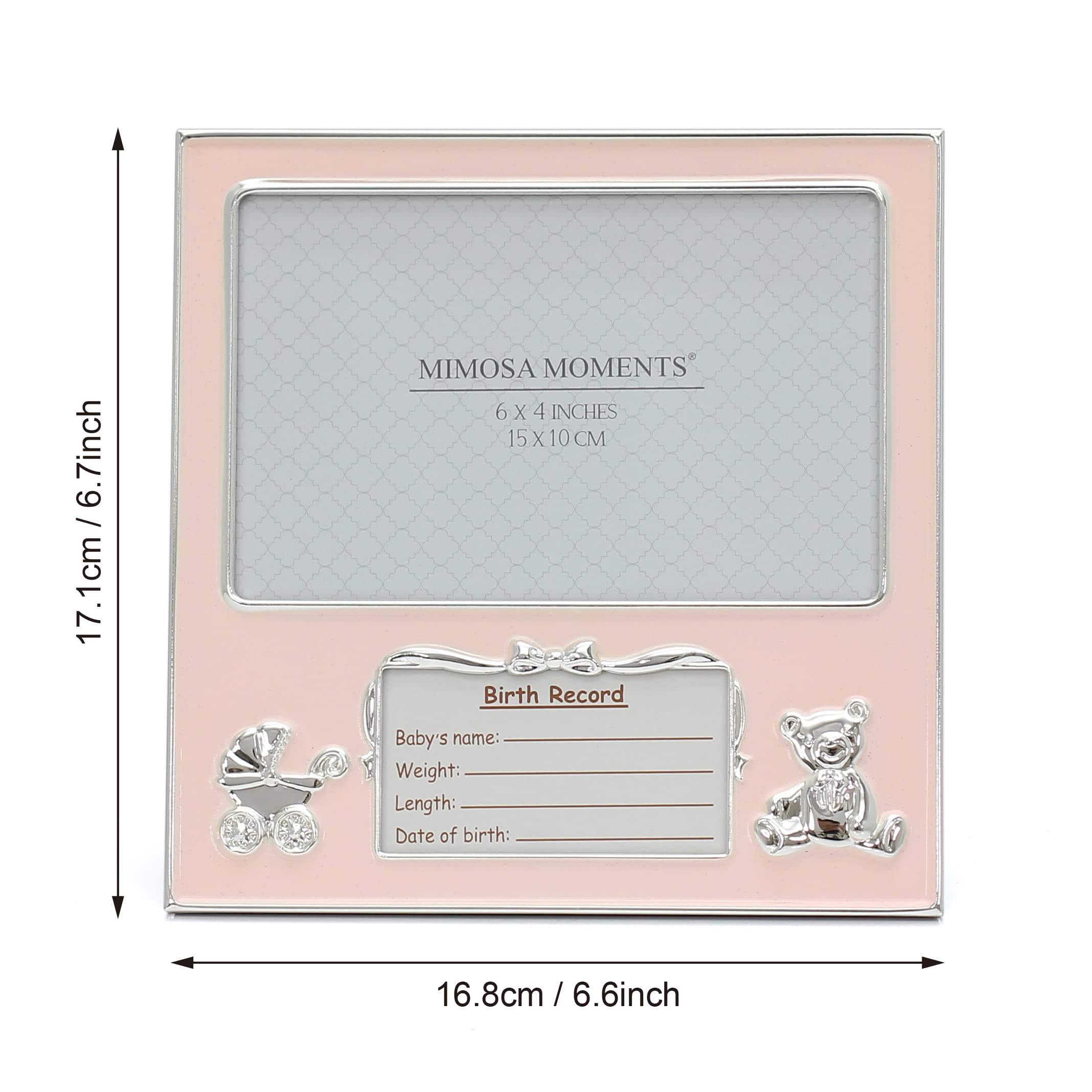 MIMOSA MOMENTS Bear and Pram Silver-tone Metal Baby Girl Picture Frame with Birth Details Tag (4x6 horizontal, Silver-tone & Pink)