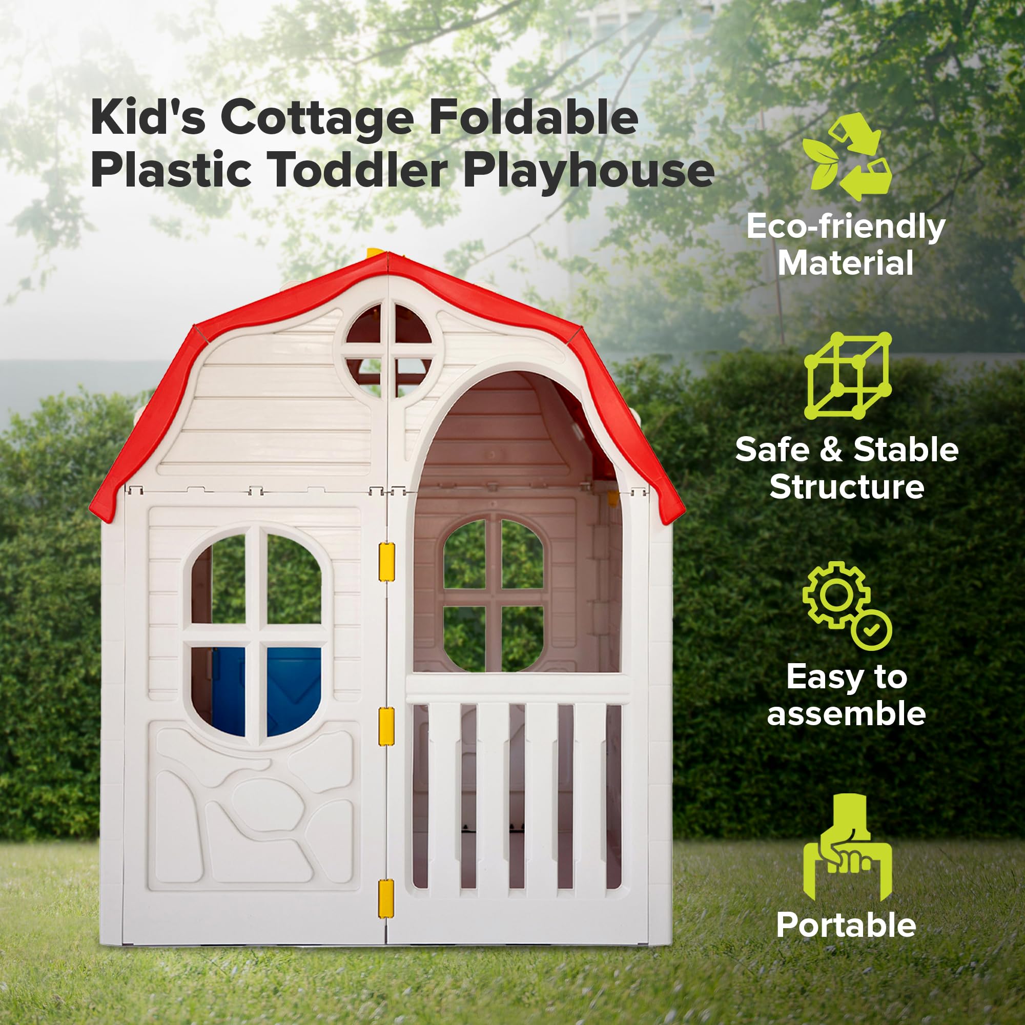 Ram Quality Products Classic Real Feel Cottage Compact Foldable Plastic Toddler Roomy Outdoor Playhouse for Children Ages 2 Years Old and Up, White