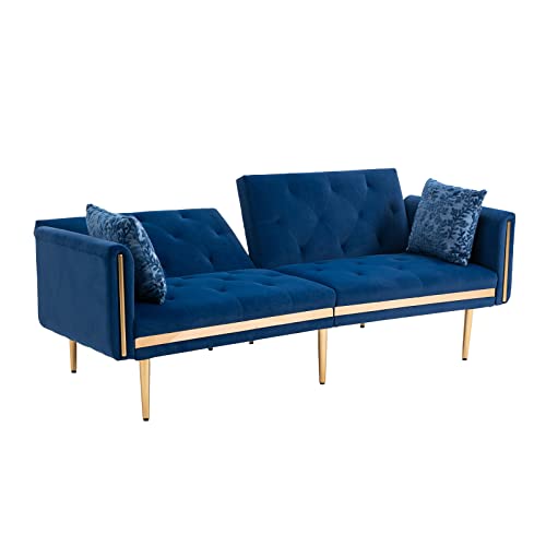 HBHM Velvet Sofa Accent Sofa, Mid Century Modern Loveseat Velvet Fabric Couch, Convertible Futon Sofa Bed, Recliner Couch Accent Sofa Loveseat Sofa with Gold Metal Feet,Blue