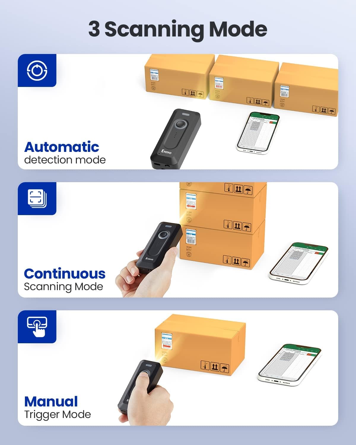 Eyoyo Bluetooth 2D Wireless Barcode Scanner with Clip, 2000mAh Battery with Level Indicator, Portable Mini Bar Code Reader for Inventory Compatible with iPhone, iPad, Android Phone