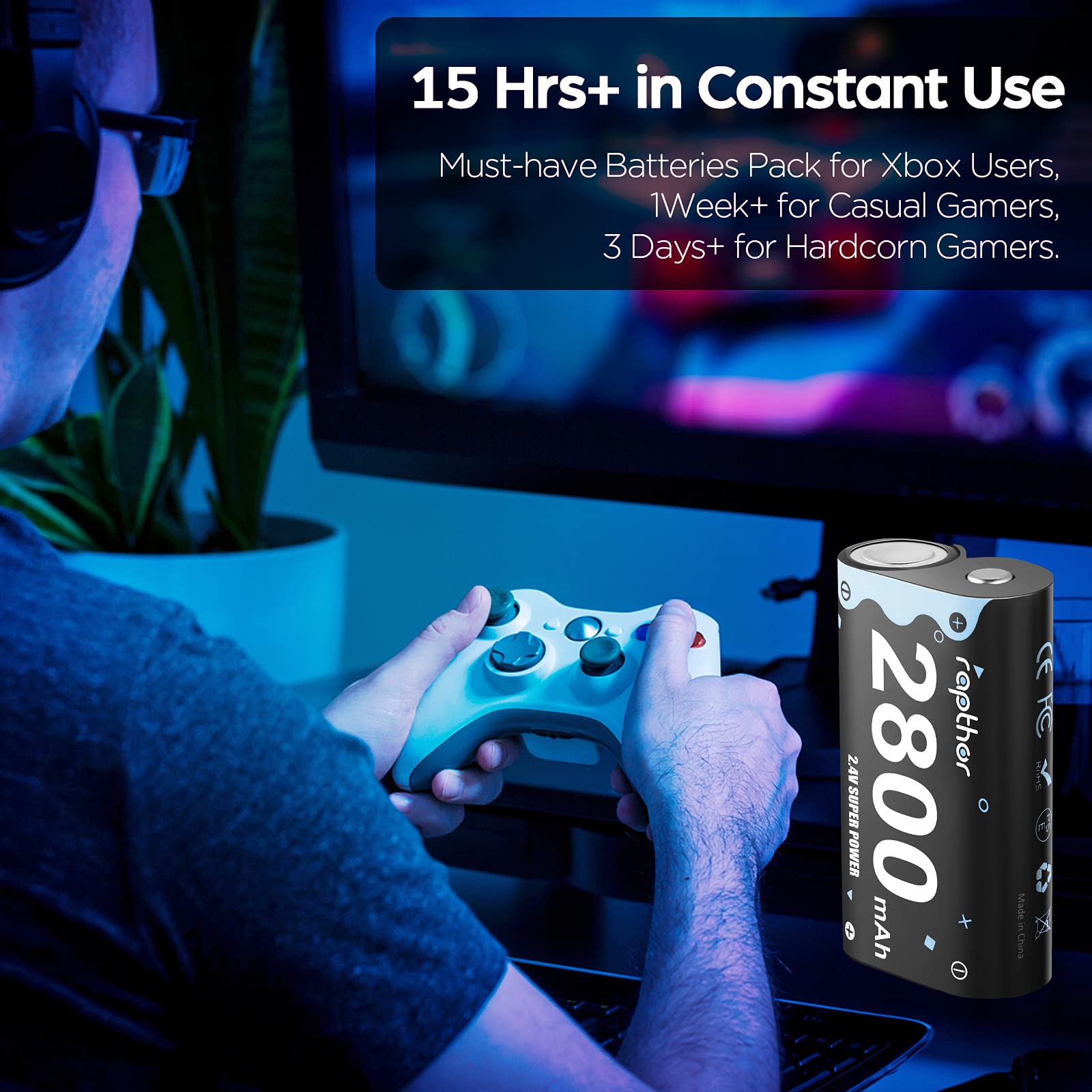 Rapthor 2800mAh Rechargeable Battery Pack for Xbox One 2.4V Ni-MH Low Self Discharge for Xbox One/Xbox One S/Xbox One X/Xbox One Elite/Xbox Series S/X, controller Batteries pack with Charger