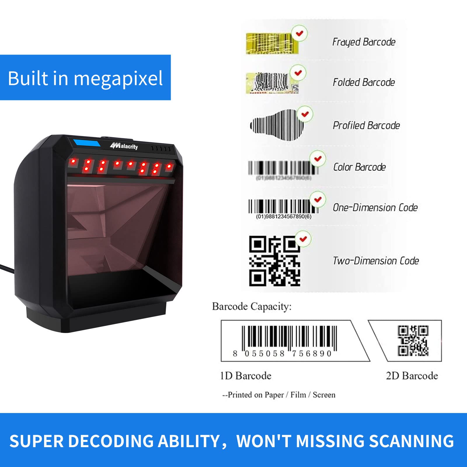 Handsfree 2D 1D Barcode Scanner, Alacrity Omnidirectional Desktop Bar Code Reader with USB Cable, Capture Barcodes from Mobile Phone Screen