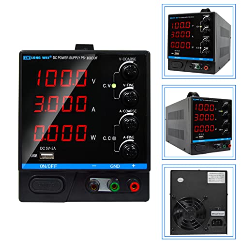 Lwlongwei Lab DC Power Supply Variable, 100V 3A Adjustable Switching Regulated DC Bench Linear Power Supply with 4-Digits LED Power Display, Coarse and Fine Adjustments with Alligator Leads Black
