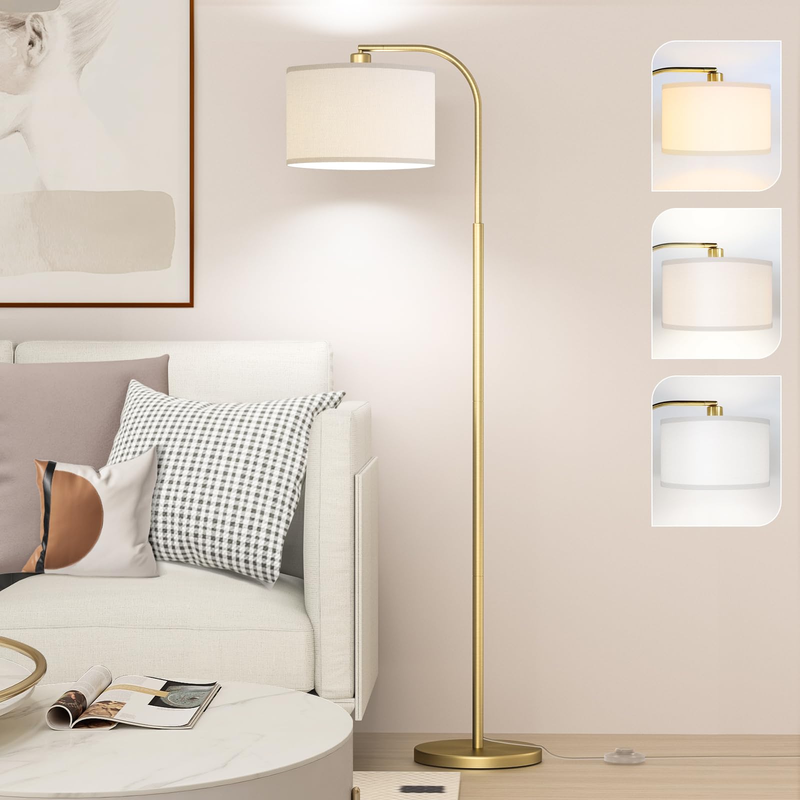 CNXIN Arc Floor Lamps for Living Room with 3 Color Temperatures, Modern Floor Lamp Reading Light with 9W Bulb Included, Standing Lamp with Adjustable White Hanging Lampshade for Bedroom Office(Gold)
