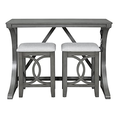Farmhouse 3-Piece Kitchen Dining Table Set for Small Place, Counter Height Dining Table Set with USB Port and Upholstered Stools for Apartment (Grey)
