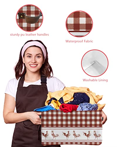 Farmhouse Rooster Storage Bins 1 Pack, Large Waterproof Storage Baskets for Shelves Closet, Rustic Farm Animals Red White Plaid Storage Basket Foldable Storage Box Cube Storage Organizer with Handles