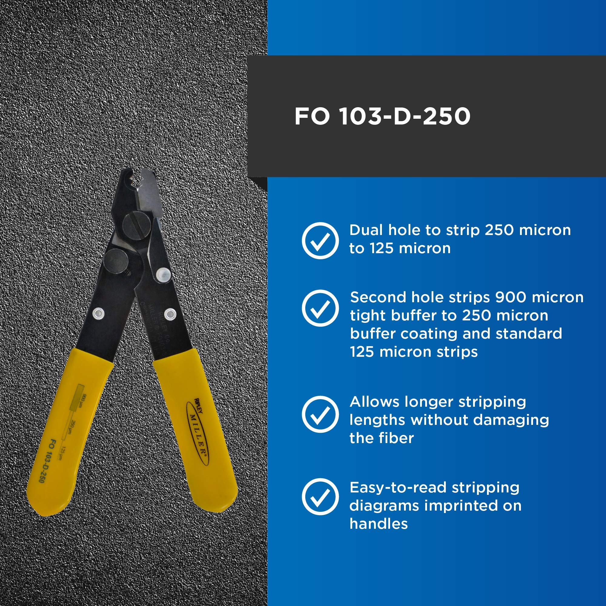Miller FO 103-D Series Dual Hole Fiber Optic Stripper for Working Technicians, Electricians, and Installers, V-Shaped Opening, Safe Cable Tool, Easily Portable Wire Stripper, 2.72 Ounces