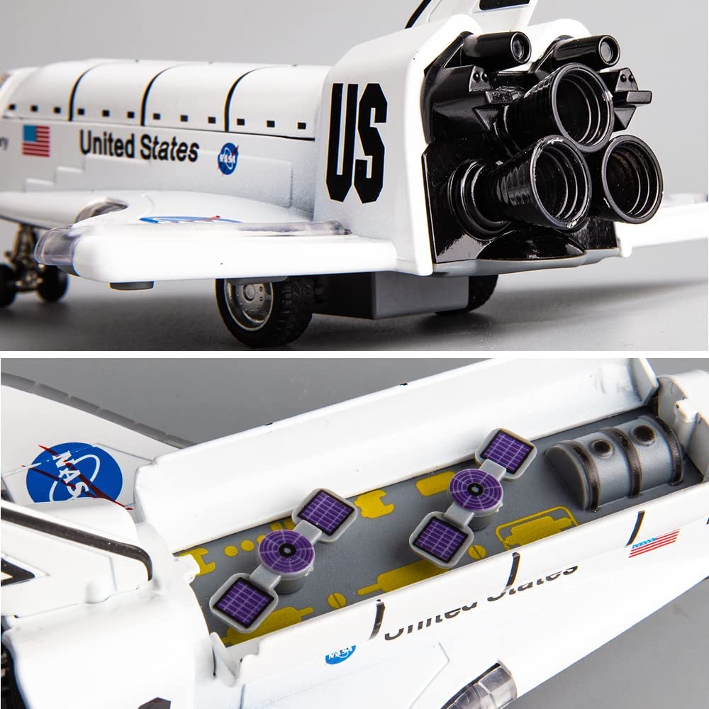 TGRCM-CZ 8'' Space Shuttle,US Discovery Airplane Toys, Alloy Pull Back Aircraft Model with Base LED Light and Sound, Display Plane for Boys Girls Adults Outdoor Games and Decoration, White
