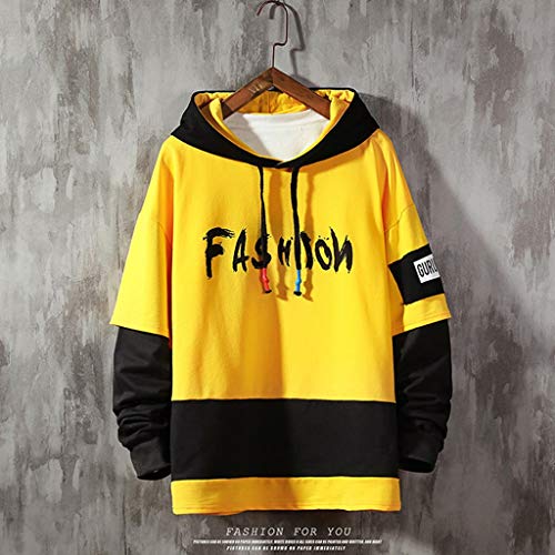 Thenlian Men's Casual Fashion Printing Patchwork Hoodie Long Sleeves Sweatershirt Tops(XXXXXL, Yellow)