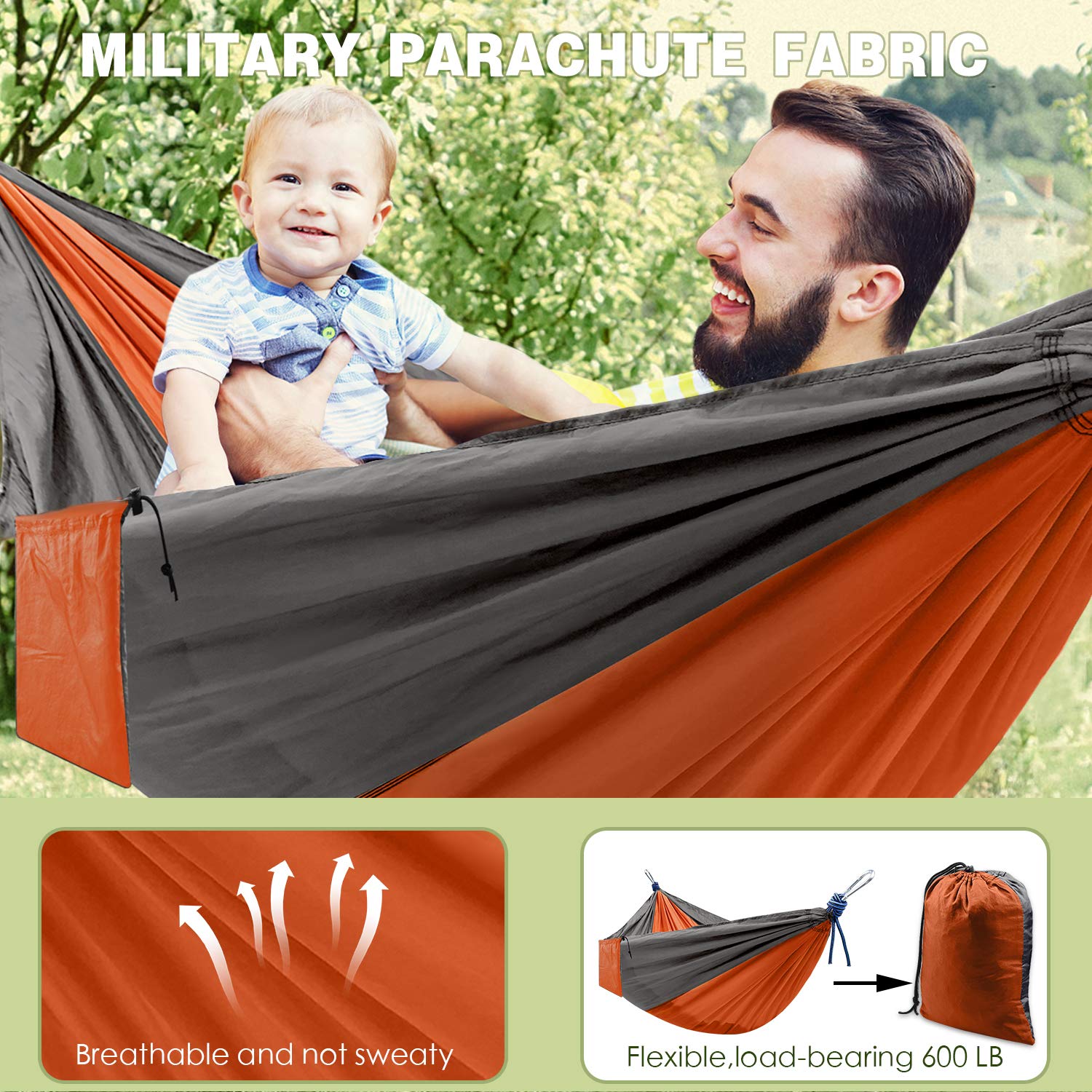 Camping Hammock, Double & Single Portable Hammocks with 2 Tree Straps and Carabiners | Easy Assembly | Lightweight Parachute Nylon Hammocks for Backpacking, Travel, Beach, Hiking (Gray/Orange)