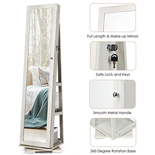 MAT EXPERT 360 Rotating Jewelry Armoire with Mirror, Freestanding Jewelry Storage Mirror w/78 Ring Slots, 24 Necklace Hooks, 120 Earring Slots, Lockable Standing Jewelry Organizer for Makeup (White)