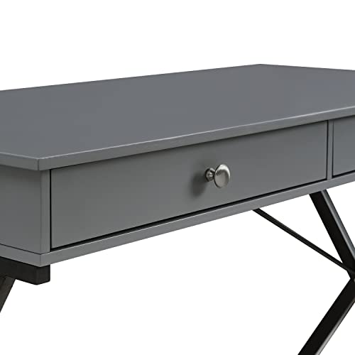 HomSof Frost Grey Finish 2 Drawers Writing Desk with Black Stoving Varnsih Steel Frame,MDF Table Top, Gray,42"