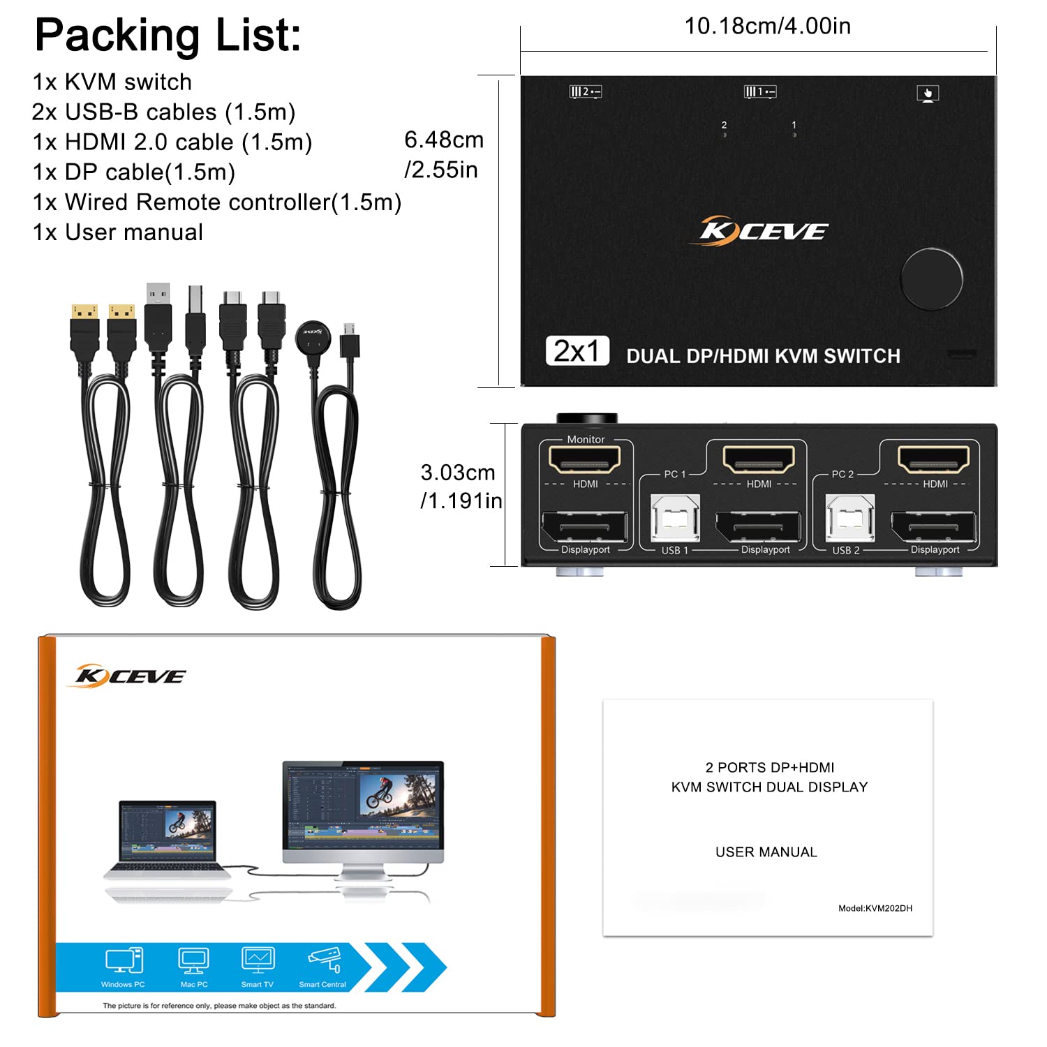 Dual Monitor KVM Switch HDMI and DP 2 Port 4K@60Hz,HDMI DP Extended Display Switcher for 2 Computers Share 2 Monitors(1 DP and 1 HDMI Port) with 4 USB 2.0 Hub,Desktop Controller and USB HDMI DP Cables